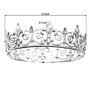 FORSEVEN Full Round King Crown- Metal Rhinestone Crowns and Tiaras for Women and Men Party Prom (HG340 Silver)