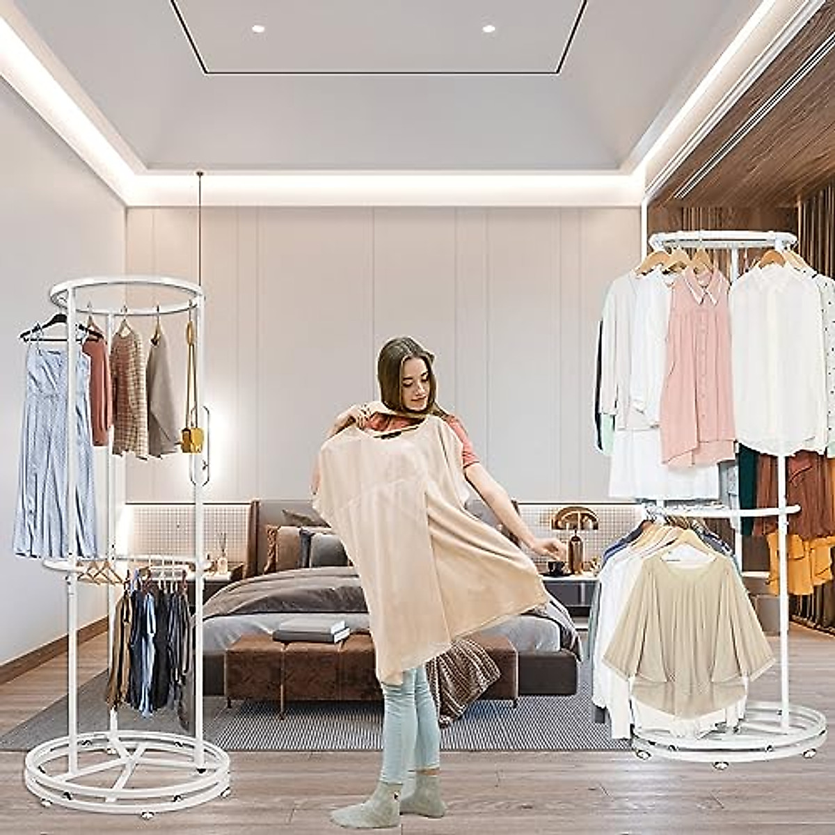 AMSXNOO Floor-Standing Rotating Coat Rack, Portable Double Layer Round Storage Garment Rack, Clothing Display Stand Hanging Apparels Shelf for Bedrooms Boutiques Retail Commercial