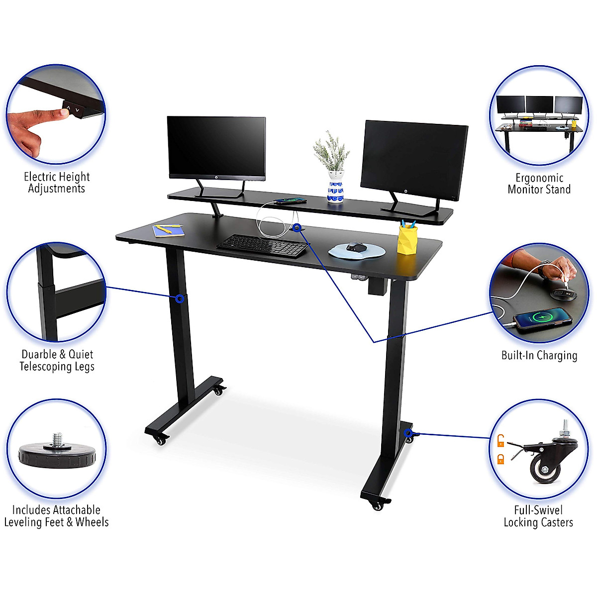 Stand Steady Tranzendesk Power | 55 Inch Electric Standing Desk with Built-In Charging | Height Adjustable Sit to Stand Desk | Electronic Standing Workstation with 1 AC Outlet & 2 USB Ports (55/Black)