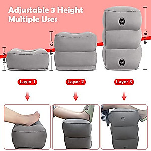 Inflatable Foot Rest Pillow for Travel Adjustable Three Layers for Adults Kids to Sleep While Traveling Suitable for Office Home with Pump Neck Pillow Eye Mask Earplugs and Portable Drawstring Bag