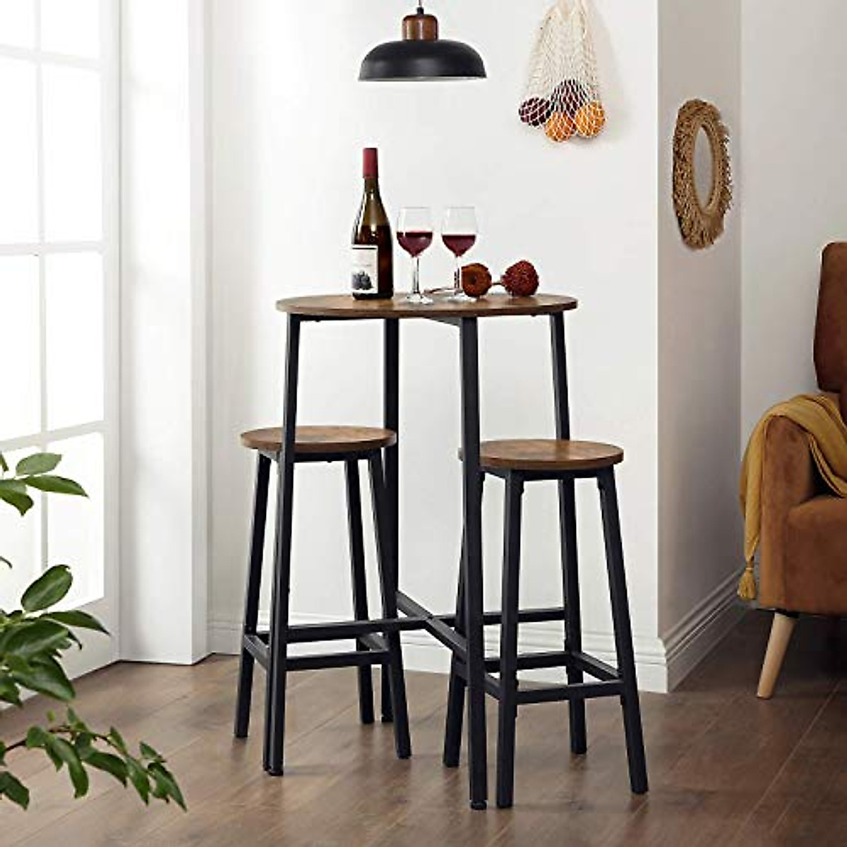 VASAGLE Bar Stools, Set of 2 Bar Chairs, Steel Frame, 25.6 Inch Tall, for Kitchen Dining, Easy Assembly, Industrial Design, Rustic Brown and Black ULBC32X