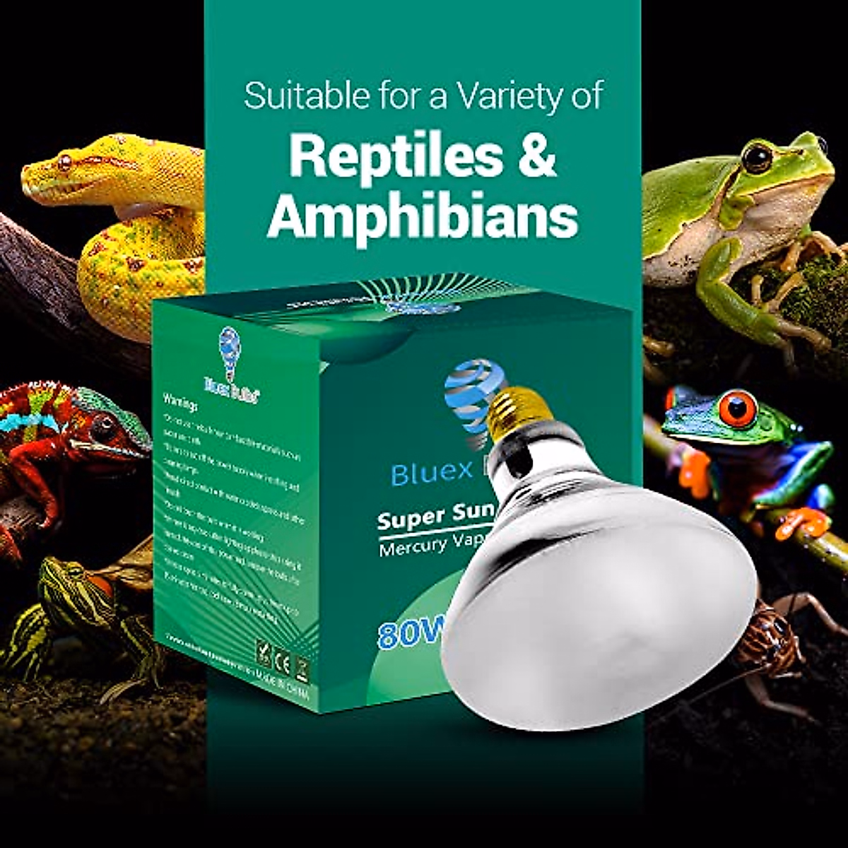 BlueX 80-Watt Reptile UVA UVB Sun Lamp - All-in-One Bulb Self-Ballasted Mercury Vapor Basking Light Heat Lamp Bulbs - Replicates Natural Sunlight Beneficial to Reptiles Amphibians Lizards Tortoises