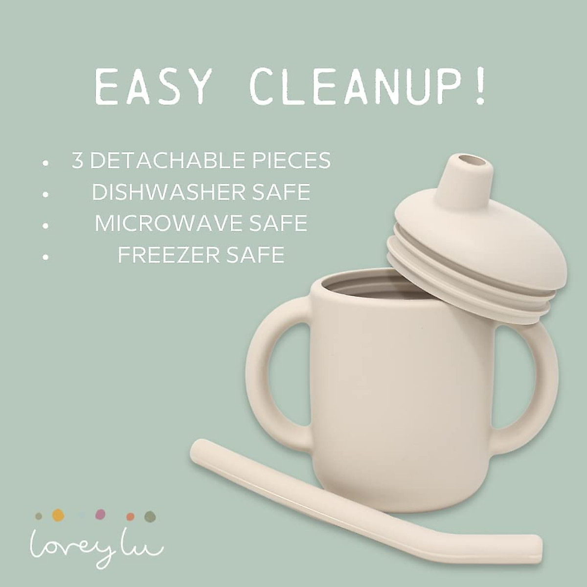 LoveyLu Silicone Sippy Cup, Toddler Cup With Straw, Training Soft Spout Cups for Toddlers With Handles, No Spill Lids, Durable, Drop Proof, Easy Grip, Microwave, Dishwasher, and Freezer Safe, Sand