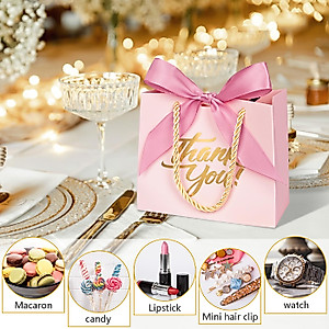 Nimbbex 50Pack Small Thank You Bags with Handles, Party Favor Bags 5.5x2.3x4.7 Inches Small Pink Gift Bags with Handles, Mini Paper Candy Bags with Pink Ribbon for Wedding Baby Shower Birthday