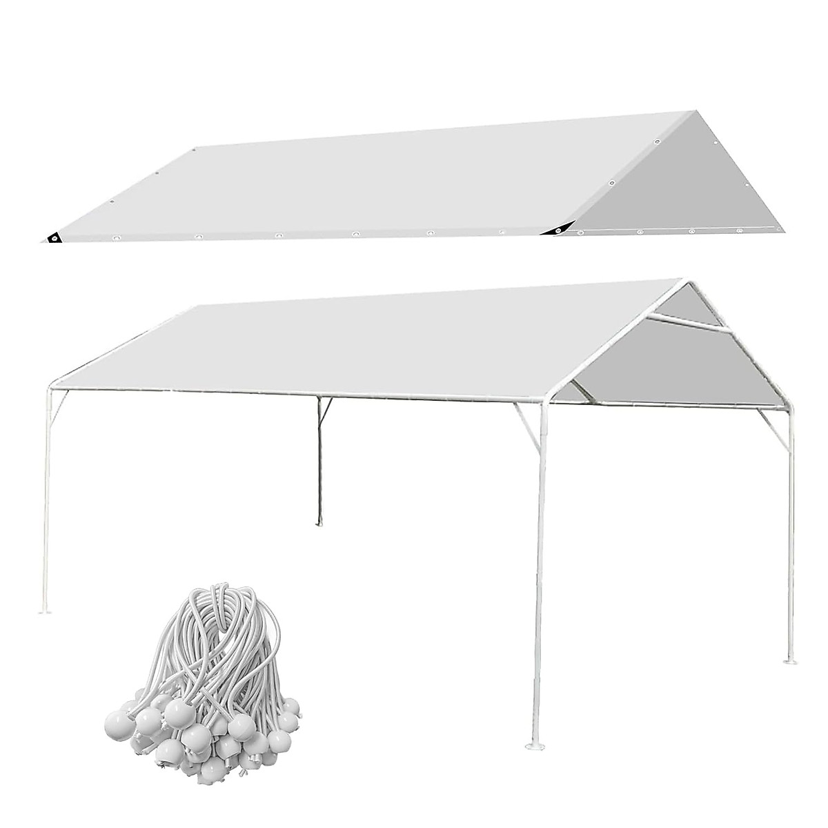 Eunika 10 x 20 Ft Carport Replacement Canopy Cover Garage Car Top Tent 180G PE Fabric Shelter Tarp Tent with 50 Ball Bungee Cords, Waterproof & UV Protected (Only Cover, Frame Not Include), White