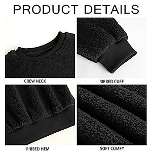 Mens Fuzzy Sherpa Sweatshirt Long Sleeve Fluffy Crew Neck Pullover Cozy Basic Unisex Fall Winter Warm Tops Black