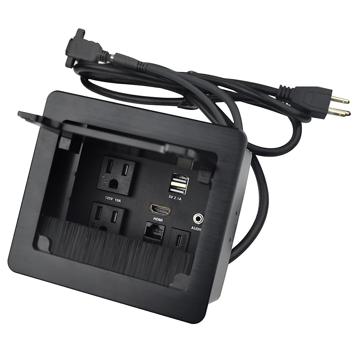 Tabletop Brush Flip Connectivity Box with 2 AC Power + 2 USB Charger + HDMI + 1 3.5mm Audio + USB-C Data + RJ45(cat6) for Conference Room (Black)