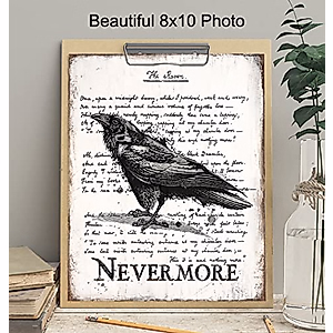 The Raven Wall Art & Decor - Nevermore - Edgar Allan Poe Gift - Goth Room Decor - Gothic Home Decor - Creepy Poem Poetry Wall Art - Vintage Rustic Decoration - Retro Style Poster Print 8x10 UNFRAMED