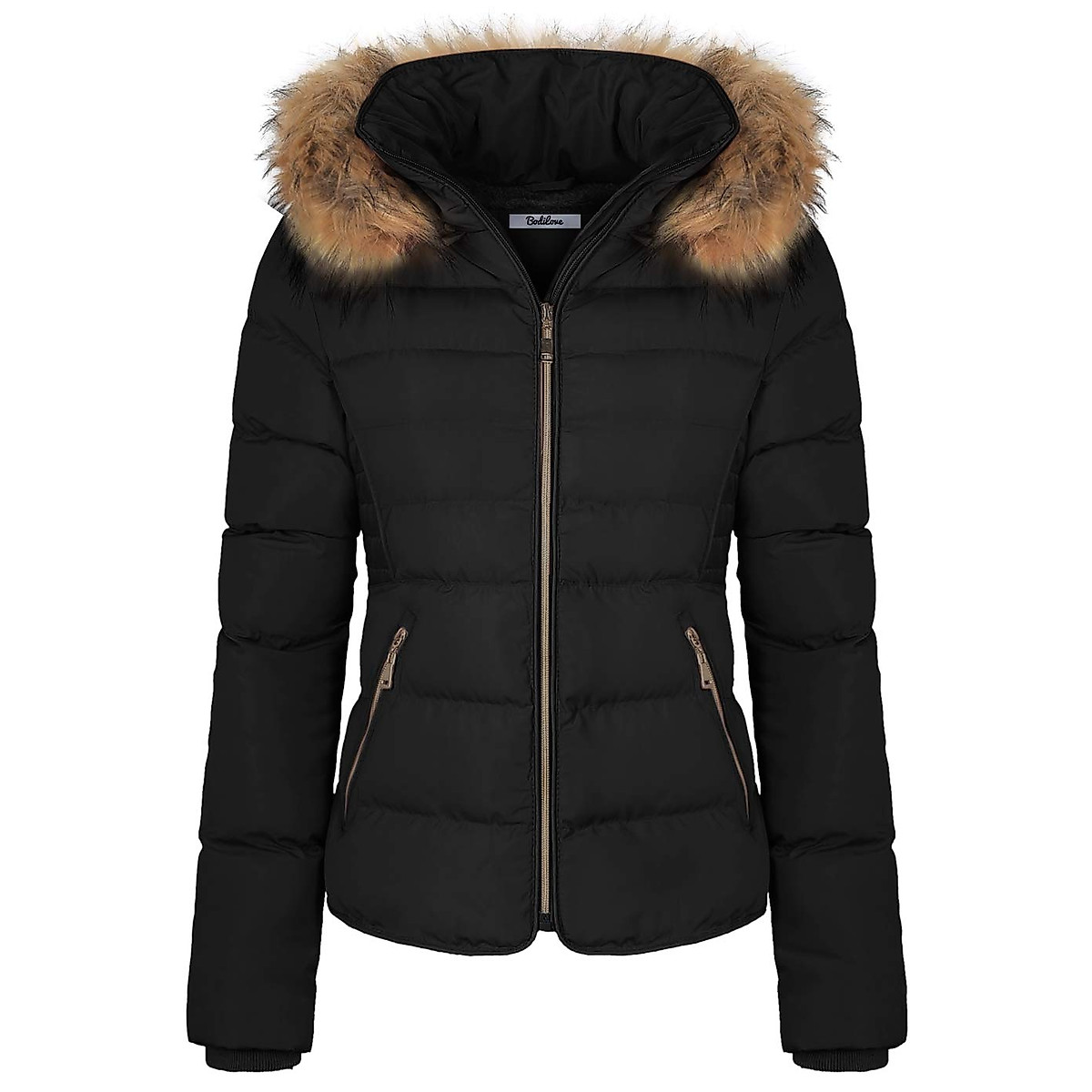 BodiLove Thickened Winter Puffer Jacket with Removable Faux Fur Hood Fleece Lining Black
