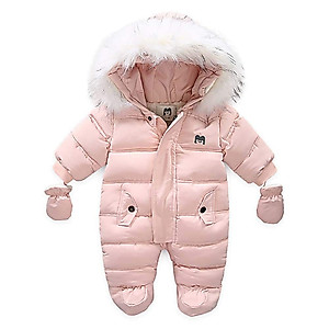 WALLARENEAR Infant Baby Boys Girls Winter Snowsuit Romper Hoodied Footie Outwear Toddler Jumpsuit Down Coat Jacket with Gloves (Pink, 12-18 Months)