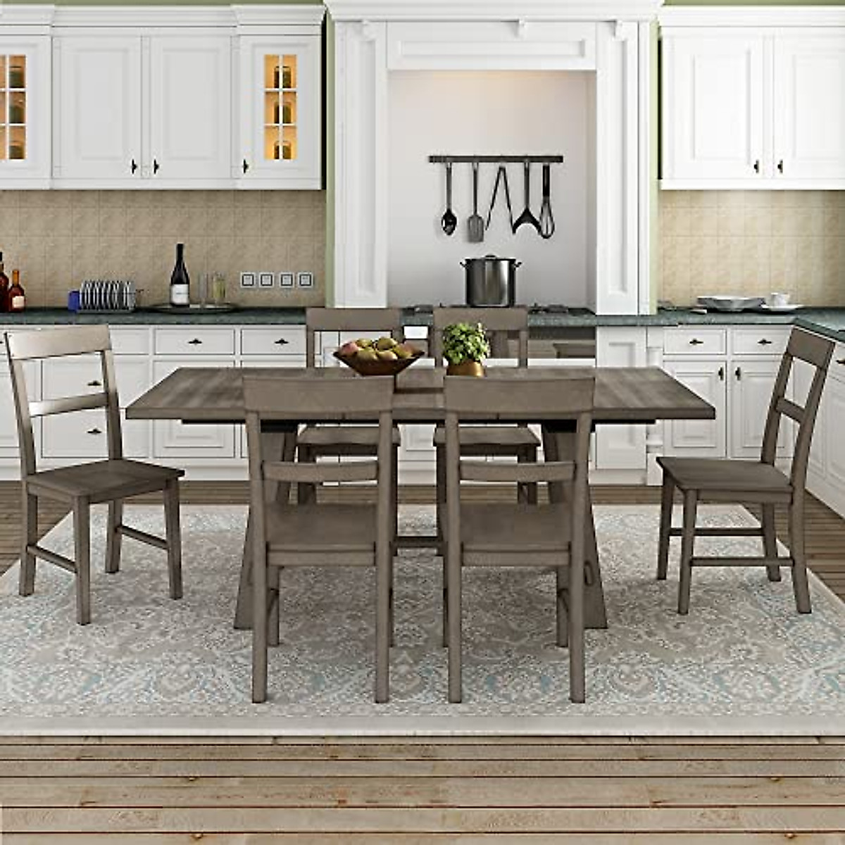 Merax 7-Piece Retro Industrial Style Extendable Dining Table Set with 18” Leaf and Six Wooden Chairs, Gray+Brown