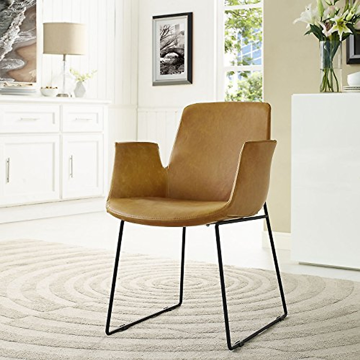 Modway Aloft Faux Leather Modern Farmhouse Kitchen and Dining Room Chair in Tan