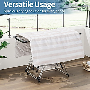 APEXCHASER Clothes Drying Rack with High Hanger, Foldable 3-Level Drying Racks with Shoe Rack, Crossbar and Vertical Rod Laundry Stand with Adjustable Wings