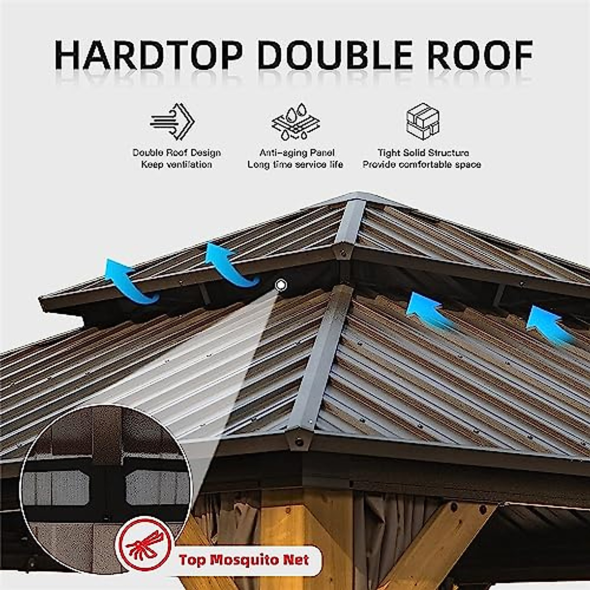 Evedy Hardtop Gazebo12x12ft,Outdoor Permanent Metal Pavilion with Galvanized Steel Double Roof,Outdoor Cedar Wood Frame Canopy with Curtains and Netting for Patio,Backyard and Lawn(Brown)