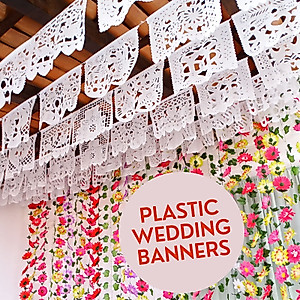 5 Pk Mexican Plastic Banners, 75 ft Long White Mexican Wedding Garlands, Perfect for Rehearsals, Bridal Shower, Photo Booth Backdrop, Engagement Party, Wedding Backdrop Banner B41