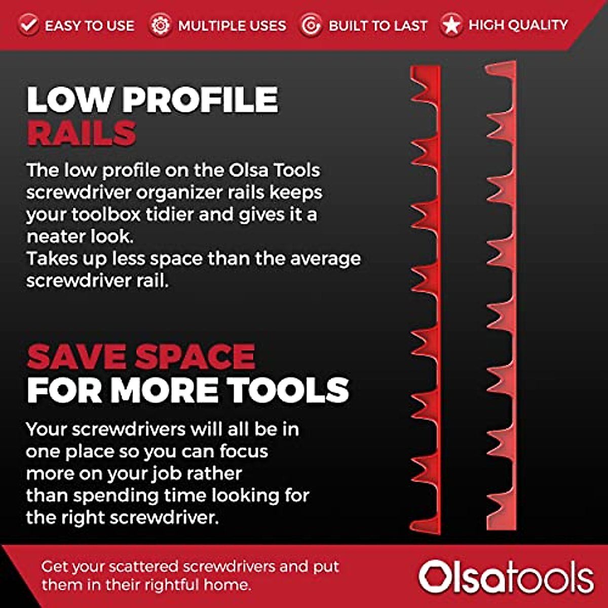 Screwdriver Organizer for Tool Boxes by Olsa Tools | Heavy Duty Low Profile Screwdriver Holder Rail Rack Set For Toolbox Drawers | Holds Up To 14 Screwdrivers | Great for Tool Storage Organization