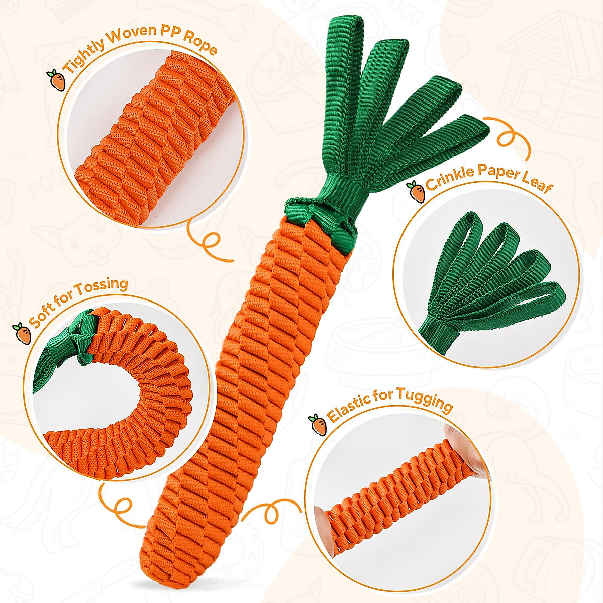 LIFLIX Dog Rope Toy, Tug of War Dog Toy, Cute Carrot Dog Toy with Crinkle Paper Tags