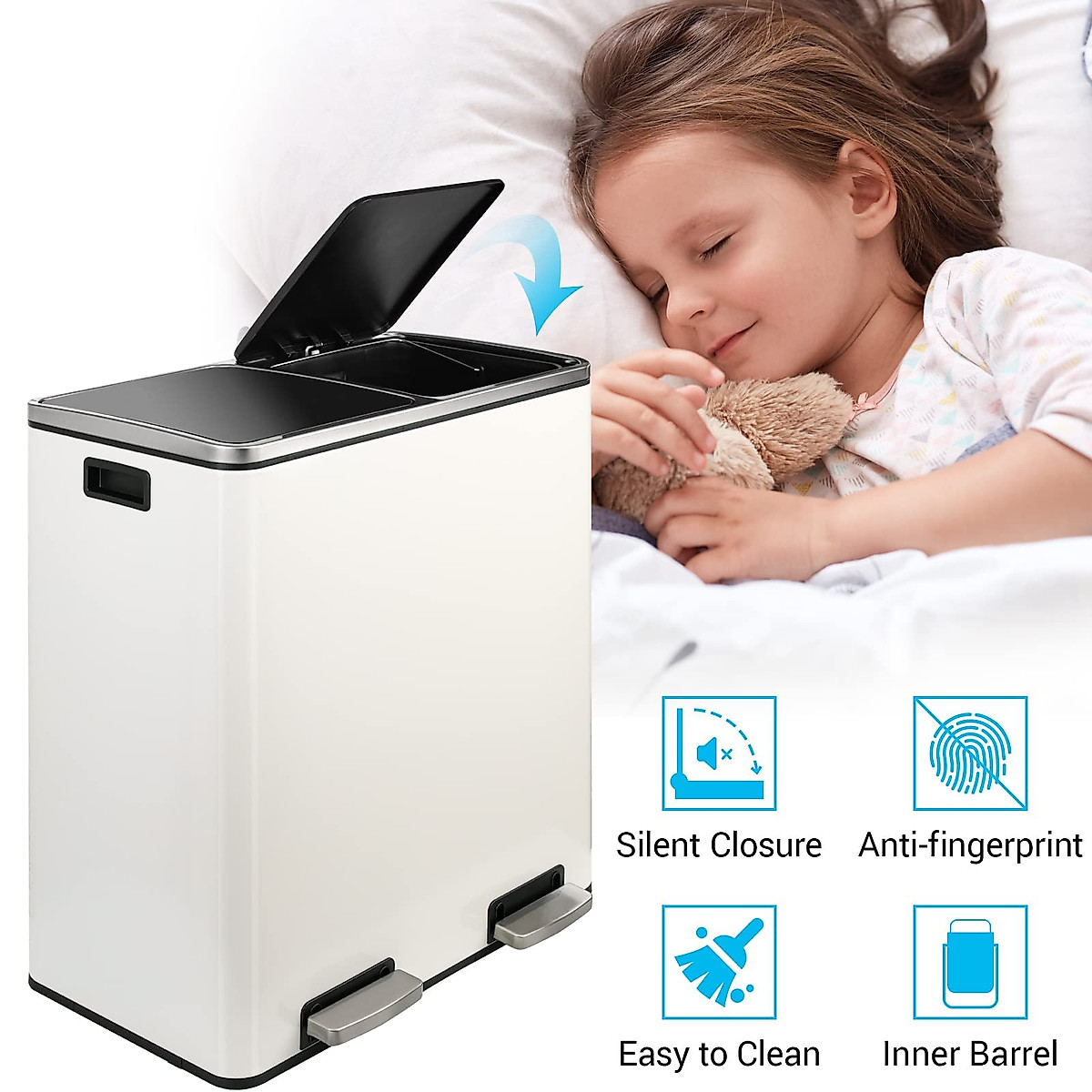 AthLike 60L(16 Gal) Dual Trash Can, Stainless Steel Kitchen Garbage Can, Double Compartment Classified Rubbish Bin, Recycle Dustbin w/Plastic Inner Buckets, Handle, Soft-Close Lid, Airtight