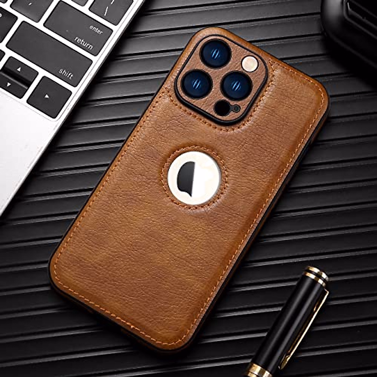 SunRemex for iPhone 14 Pro Max Case with Tempered Glass Screen Protector, Non-Slip Grip Vegan Leather Classic Luxury Elegant Thin Cover for iPhone 14 Pro Max(6.7") (Brown)