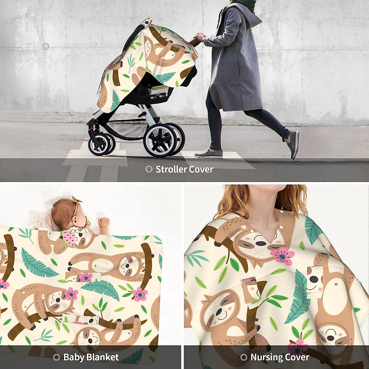 Rutiea Seamless Pattern with Cute Sloth Car Seat Cover for Babies, Peekaboo Opening Minky Carseat Canopy Stroller Cover for Newborn, Mom Nursing Breastfeeding Covers, Blanket for Infant Toddler