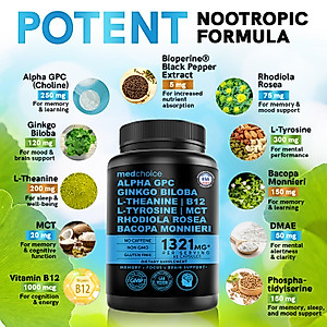 12-in-1 Nootropic Brain Supplement Anhydrous: Ginkgo Biloba for Brain Support, Memory and Focus - B12, Alpha GPC, L Theanine and Choline Supplements with Bioperine non Caffeinated 1321mg (120ct)