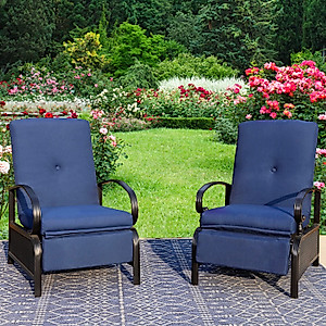 MFSTUDIO Patio Recliner Chair Metal Adjustable Back 2 Pieces Outdoor Lounge Chair with 100% Olefin Cushion (Navy Blue)