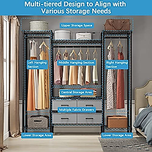 VIPEK V20 Wire Garment Rack Heavy Duty Clothes Rack, Metal Clothing Rack with 6 Shelves, 3 Hang Rods & 4 Fabric Drawers, Compact Freestanding Closet Wardrobe, 56.7" L x 14.6" W x 70.9" H, Black