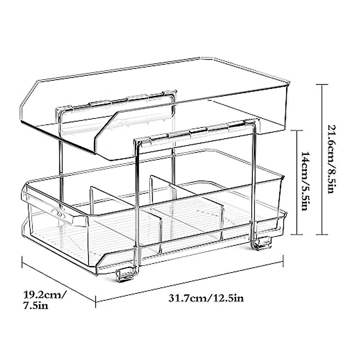 Frogued Desktop Rack 2 Tier Clear Organizer with Dividers, Multi-Purpose Slide-Out Storage Container for Bathroom and Kitchen Counter, Medicine Cabinet Storage Bins, Under Sink Closet Organization Cl