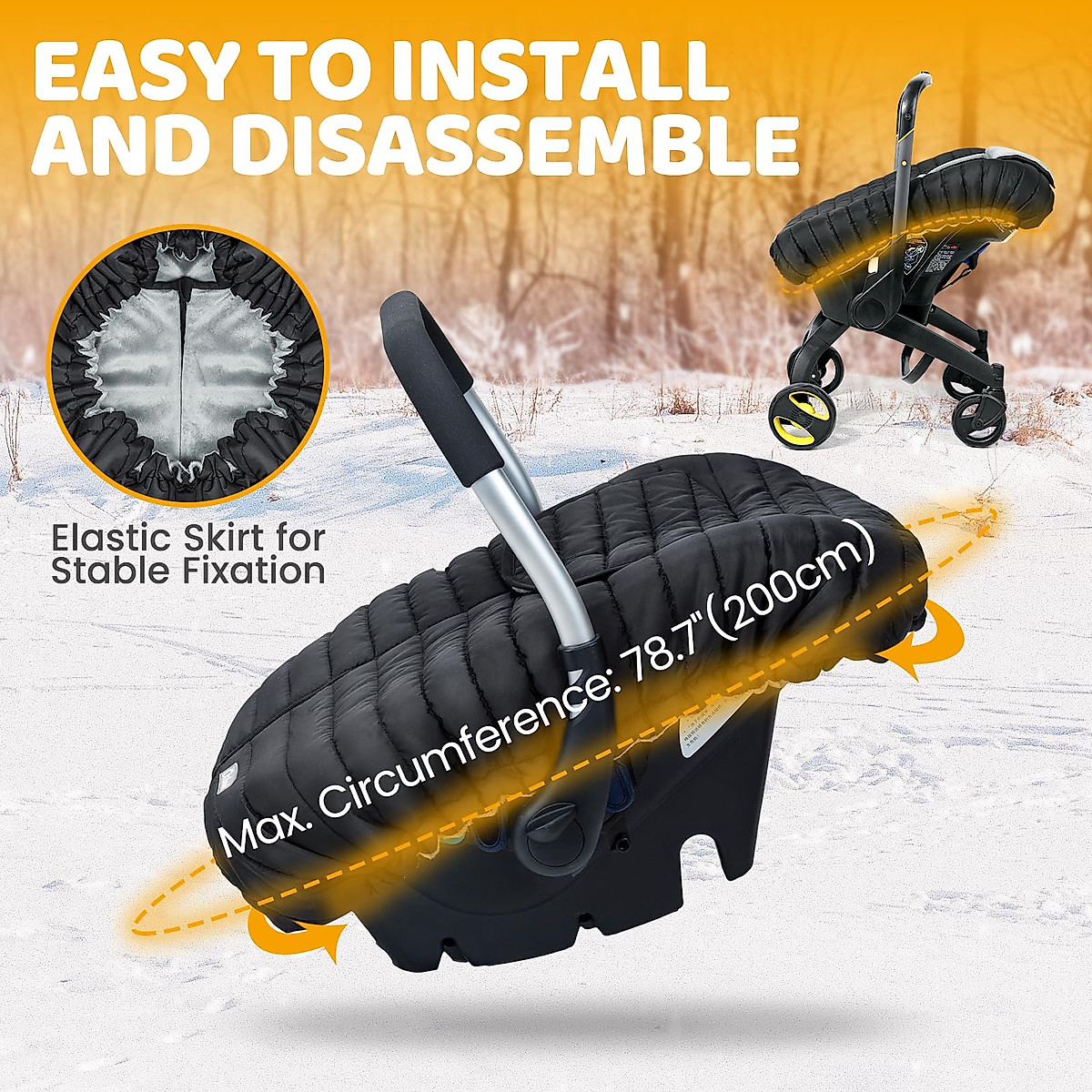 Orzbow Enfant Car Seat Covers - Cocoon Baby Cover for Boys & Girls, Rain & Snow Repellent, Breathable Windproof, Winter Protector, Center Zipper, Universal Fit for Infant Car Seat (0-12M), Black