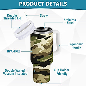 Jihqo Green Camouflage 40 oz Stainless Steel Vacuum Insulated Tumbler with Handle and Straw Lid, Leakproof Water Bottle Double Wall Travel Mug Coffee Cup, Cupholder Friendly