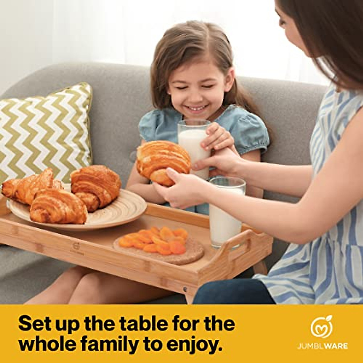 JumbleWare Bamboo Bed Tray. Portable Wooden Breakfast in Bed Serving Table Set with Folding Legs & Carry Handles for Eating Food or Working on Laptop. Great Home Gift for Women, Men, Kids & Elderly