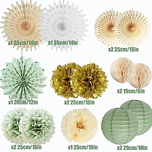 Sage Party Decorations Sage Green and Gold Paper Pom Poms Paper Fans Lanterns Sage Gold Glitter Dots Hanging Party Garland for Sage Birthday Wedding Bridal Shower Graduation Party Decor