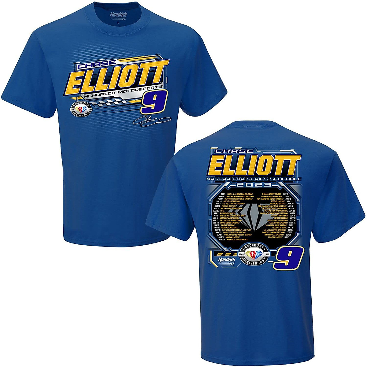 Checkered Flag Sports Chase Elliott 2023 Cup Series Schedule T-Shirt Blue (as1, Alpha, l, Regular, Regular, Large)