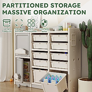 Runboll Toy Storage Organizer Bookshelf Multipurpose Toys Organization Chest with 10 Bins 2 Cabinets and 2 Shelves for School, Bedroom, Playroom or Nursery