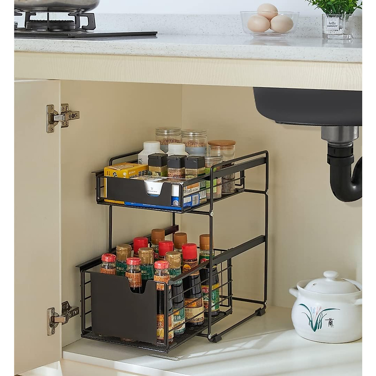 CBYJK Stackable 2-Tie Under Sink Cabinets Organizer With Sliding Storage Drawer, Under Sink, Pull Out Cabinets Organizer Shelf, Sliding Basket Organizer Drawer For Kitchen, Bathroom, Office, Black