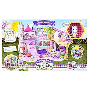 Sunny Days Entertainment Honey Bee Acres Rainbow Ridge Sunburst Art Studio – 50 Furniture Accessories with Exclusive Unicorn Figure | Light Up Dollhouse Playset | Pink Pretend Play Toys for Kids