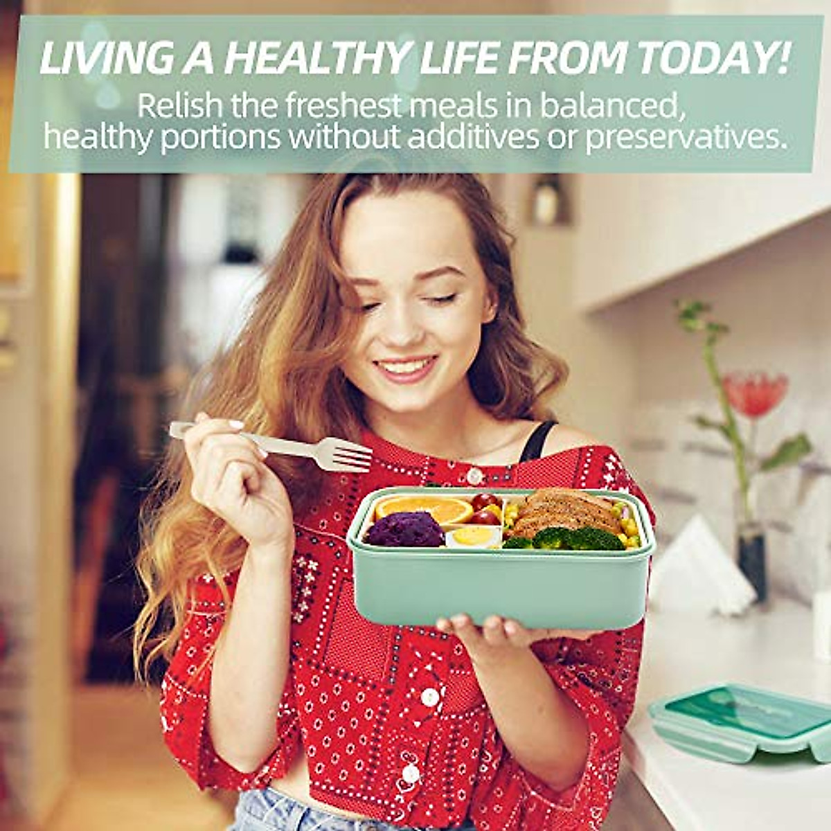 Porzu Bento Lunch Box, 1400 ML Lunch Box Meal PrepFor Kids & Adults，3 Compartments Portable Food Container with Utensil (Green)