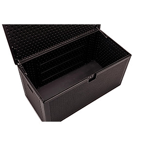 BTEXPERT 150 Gallon Large Resin Deck Box, Outdoor Storage Container for Patio Furniture Cushions Garden Tools Pool Toys Sports Equipment Waterproof Lockable Stainless Steel Metal insert rod