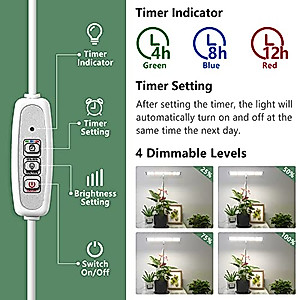 LORDEM Grow Light, Full Spectrum LED Plant Light for Indoor Plants, Height Adjustable Growing Lamp with Auto On/Off Timer 4H/8H/12H, 4 Dimmable Brightness, Ideal for Home Desk Plant Lighting