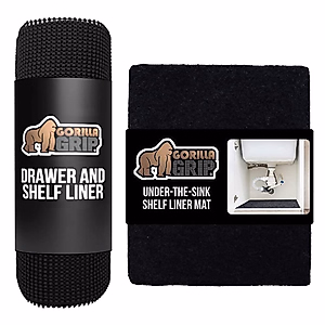 Gorilla Grip Drawer Liner and Under Sink Mat, Drawer Liner Size 12 in x 20 FT in Black, Non Adhesive, Under Sink Mat Size 24x30 in Black, 2 Item Bundle