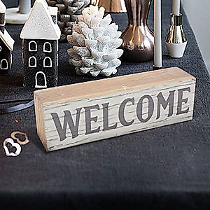 Welcome Decorative Tabletop Block Signs, 8.5” x 2” x 2.5” Solid Wood Wall Decor Signs for Kitchen, Dining Room, Living Room