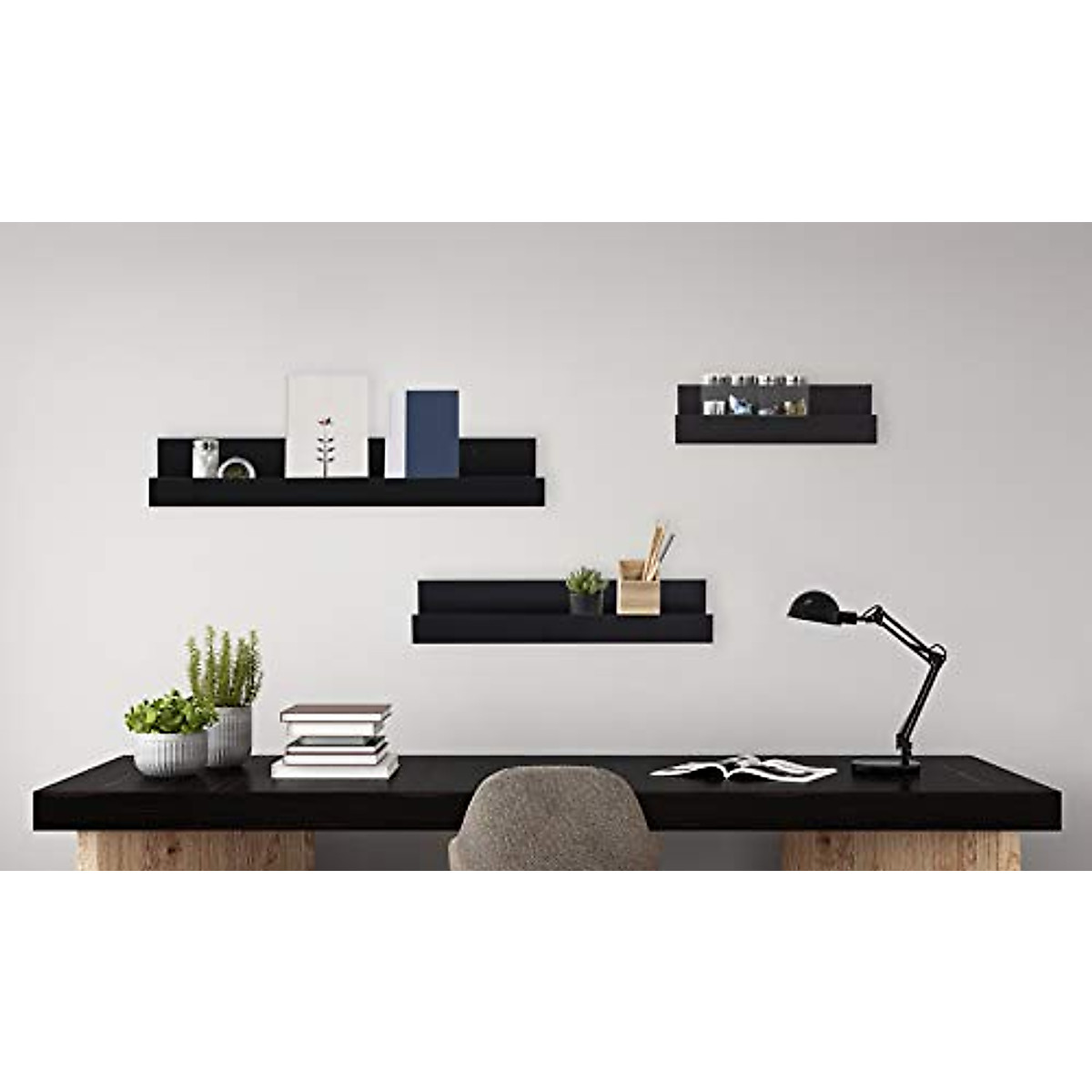 Kate and Laurel Levie Modern Mixed Size Wood Shelf Set, Set of 3, Black, Chic Contemporary Photo Ledges for Wall