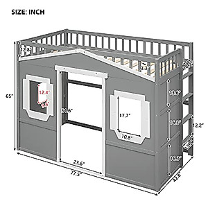 BOVZA Twin Size Wood House Loft Bed with Ladder, Kids Playhouse Bed with Window for Girls Boys, Gray+White