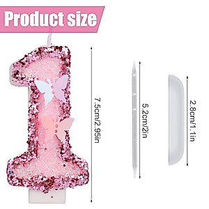 2.95 Inch Birthday Number Candles, Glitter Pink Number Candles Cake Topper Butterfly Birthday Candles with Sequins for Anniversary Celebrations Supplies (Number 1)