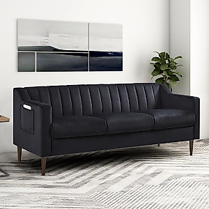 IULULU Velvet Sofa, 77 Inch 3-Seater Mid Century Modern Accent Couch, Upholstered Futon with Side Pocket, Wood Legs, Black