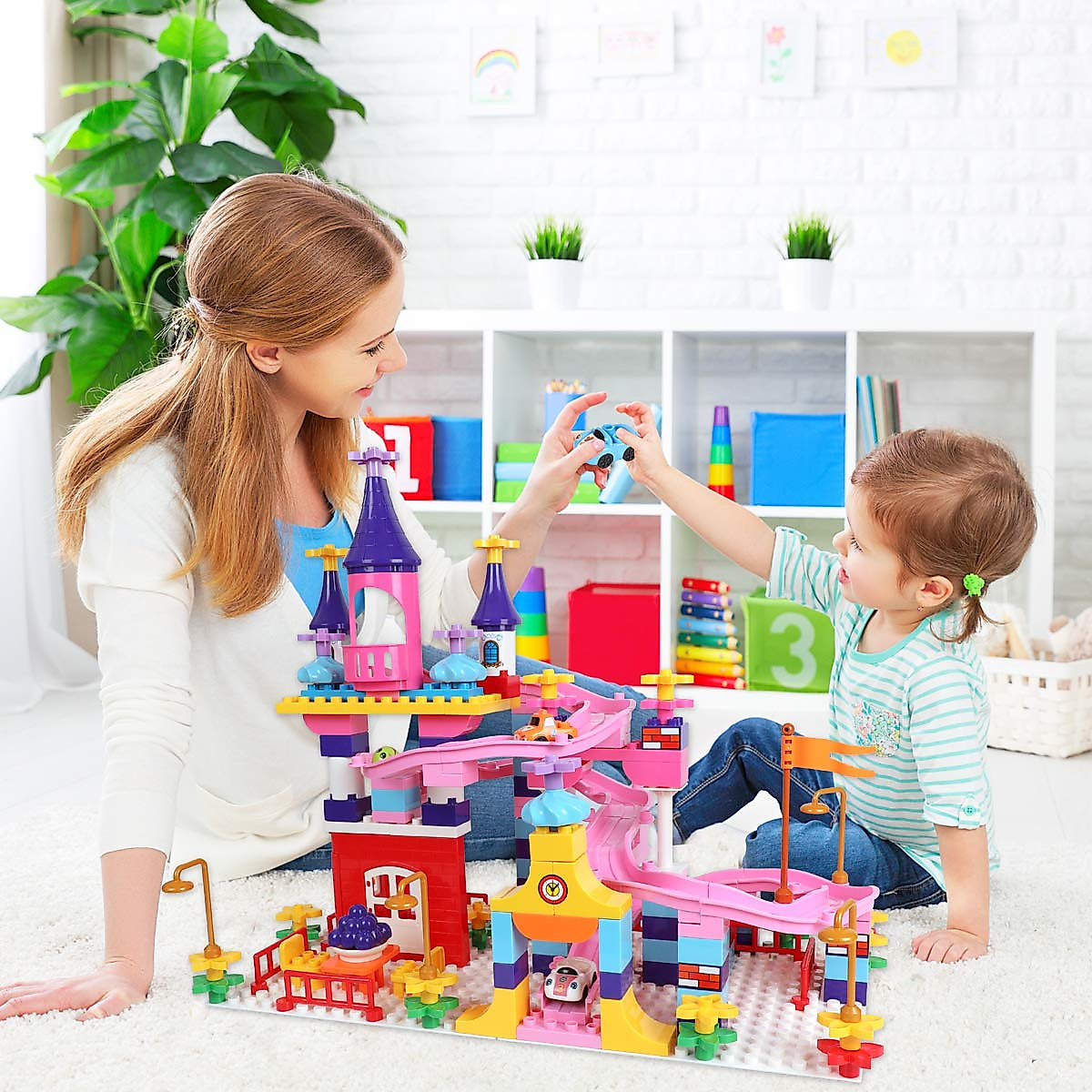Castle Building Blocks Set for Toddlers, Creative Large Building Bricks, Marble Run Blocks, Race Track Construction Toy, Preschool STEM Educational Toys Gifts for Kids Boys Girls Aged 3+(161 PCS)