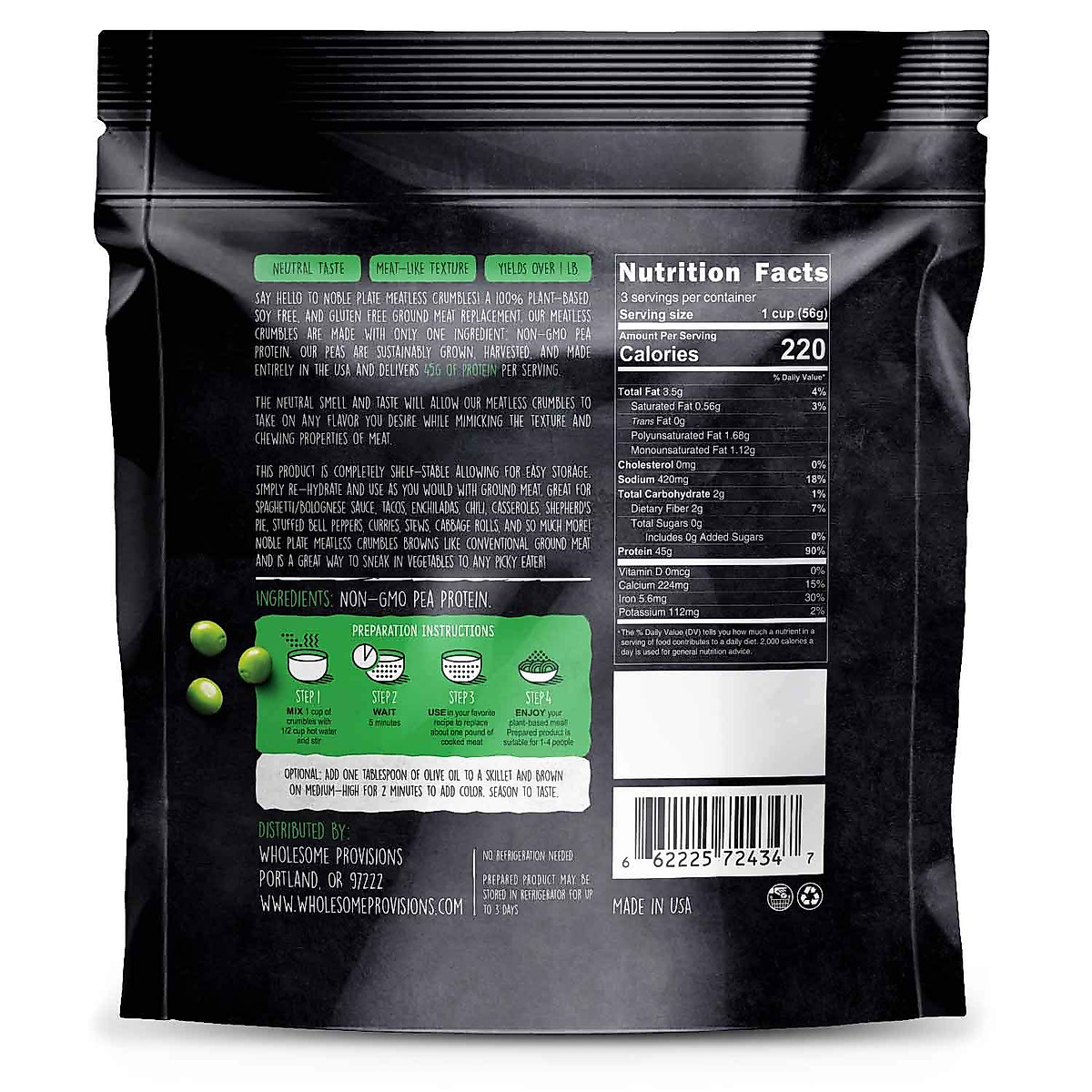 Meatless Crumbles, Soy Free, Non-GMO, Vegan, 45g Protein, 0g Net Carb, Plant-Based Vegan Meat Substitute, Made in USA, Wholesome Provisions, 170g (Plain, 1 Pack)