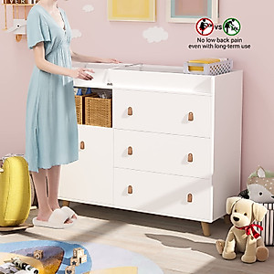 Timechee Baby Changing Table Dresser, Modern Nursery Changing Dresser Chest with 3 Drawers & 1 Shelf, Diaper Changing Pad, Storage Changing Dresser (White)