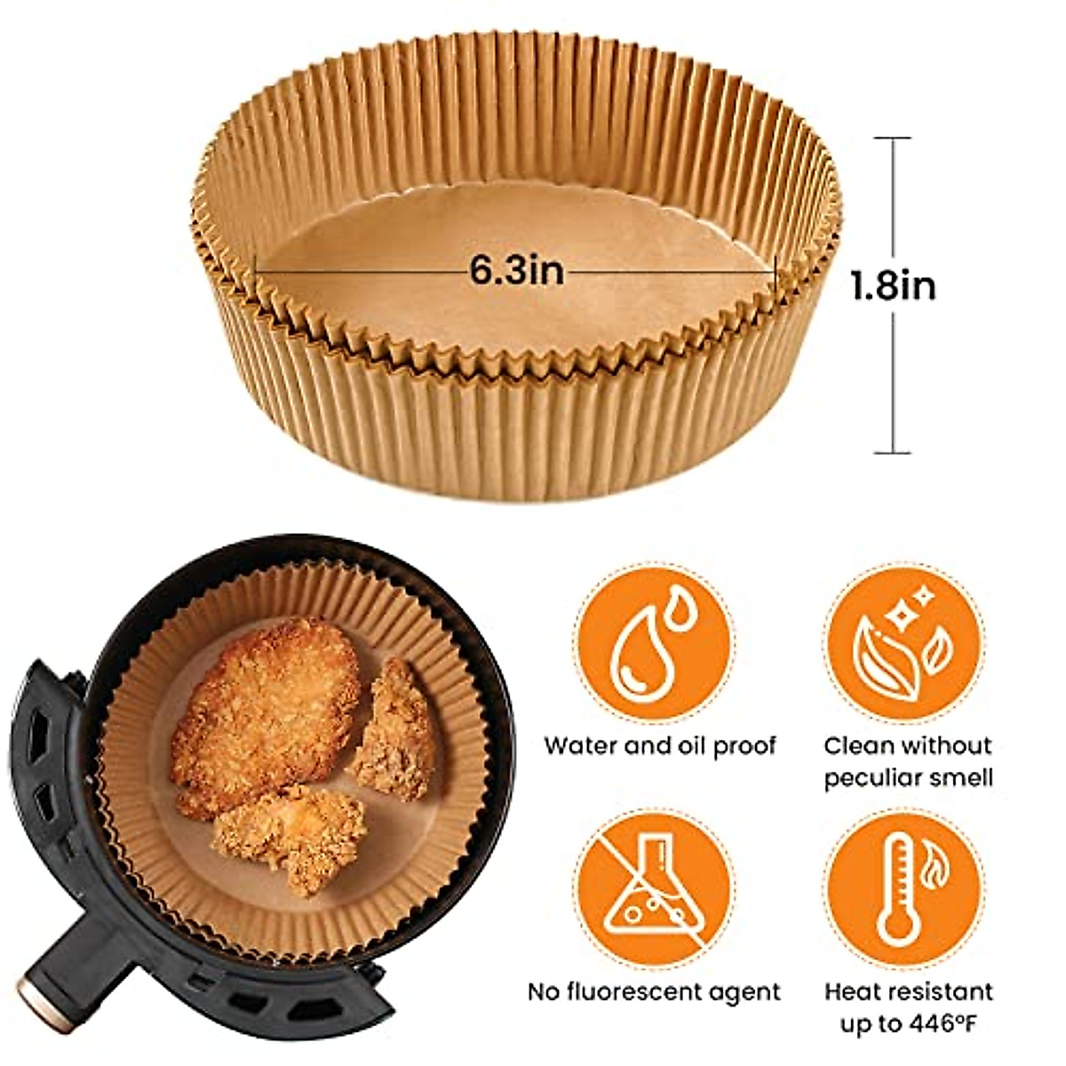 100 PCS Air Fryer Disposable Paper Liners, Maiqufa® Oil-Proof Water-Proof Parchment Round Paper Liners, for Baking Cooking Grilling Frying and Roasting Microwave(6.3in)