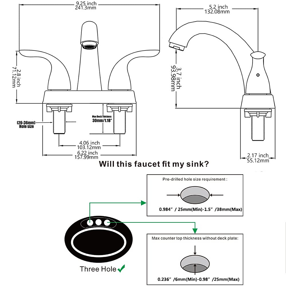 Phiestina Centerset 4 Inch Brushed Nickel 2 or 3 Holes Stainless Steel Bathroom Sink Faucet, 2 Handle Bathroom Faucet with Copper Pop Up Drain and Water Supply Lines, BF008-5-BN